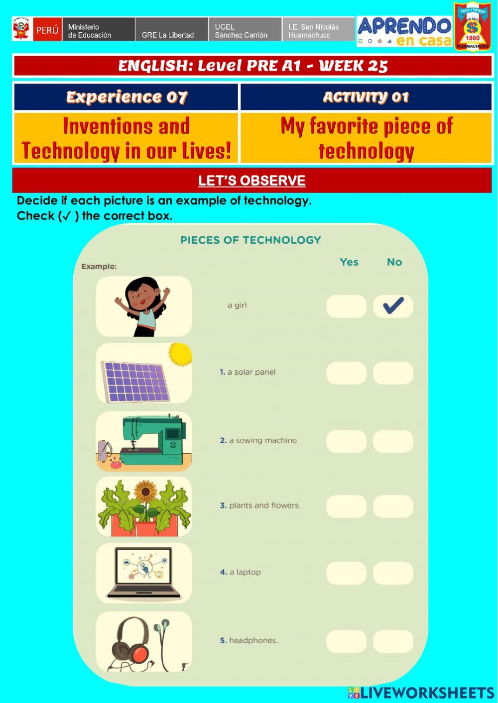 Week 25 - ENGLISH PRE A1 - Experience 7 - Activity 1. My favorite piece ...