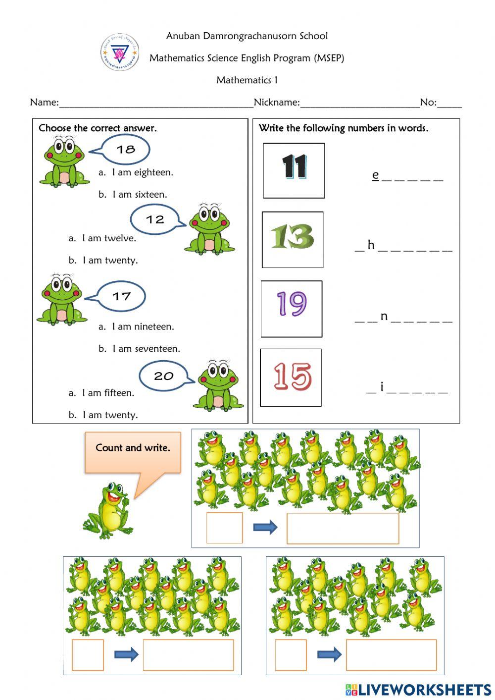 Counting and writing numbers 11 to 20 online exercise for | Live Worksheets
