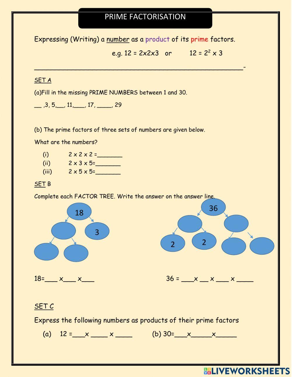 Prime Factorisa… | Free Interactive Worksheets | 6722456