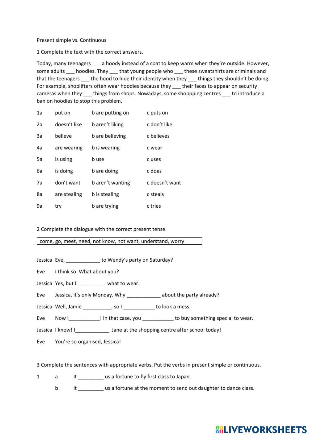 Present simple vs. continuous exercise | Live Worksheets