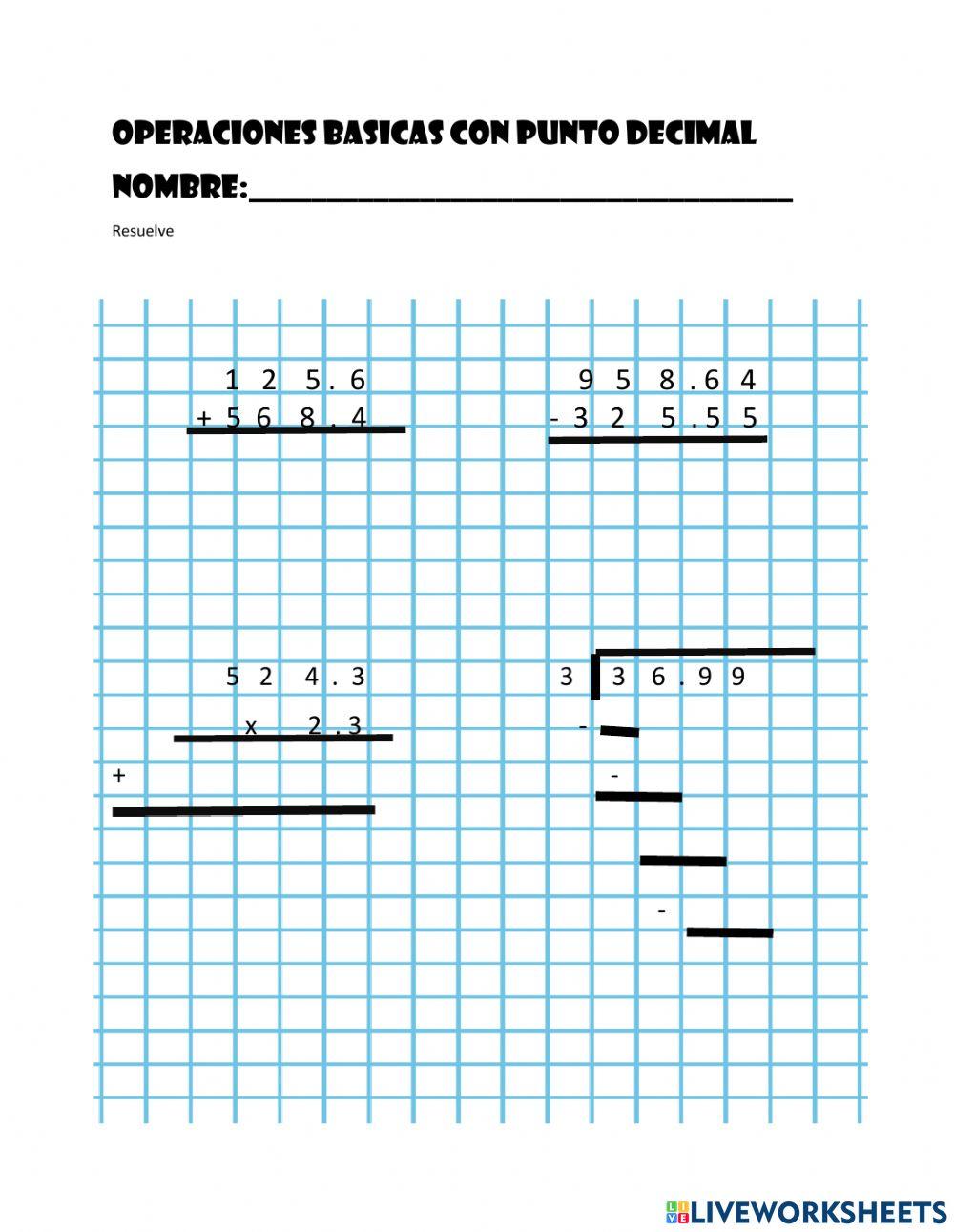 Operaciones con punto decimal online activity | Live Worksheets