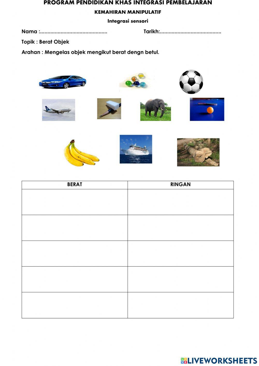 Mengelas Objek Mengikut Berat worksheet | Live Worksheets