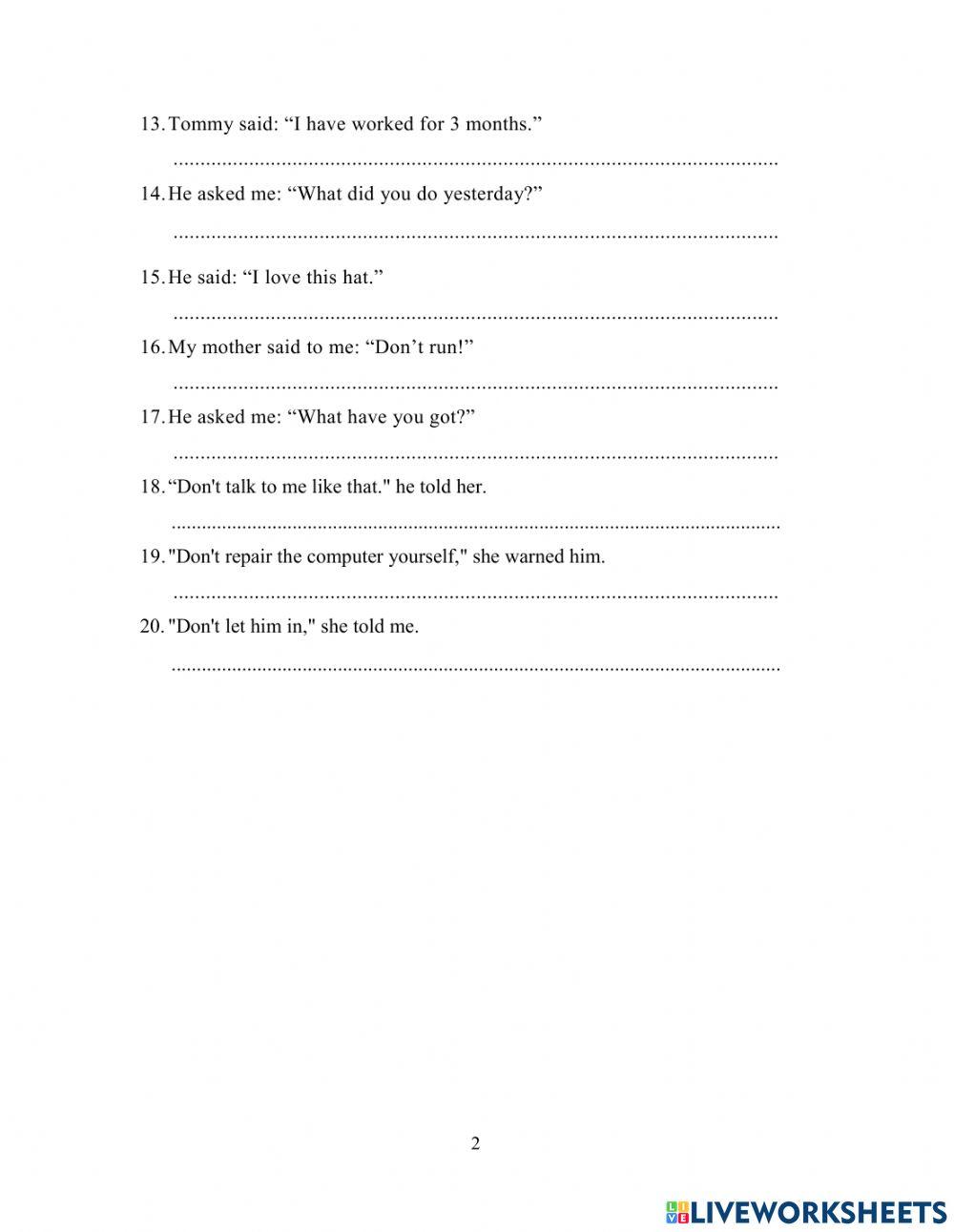 Reported speech online exercise for 9 | Live Worksheets