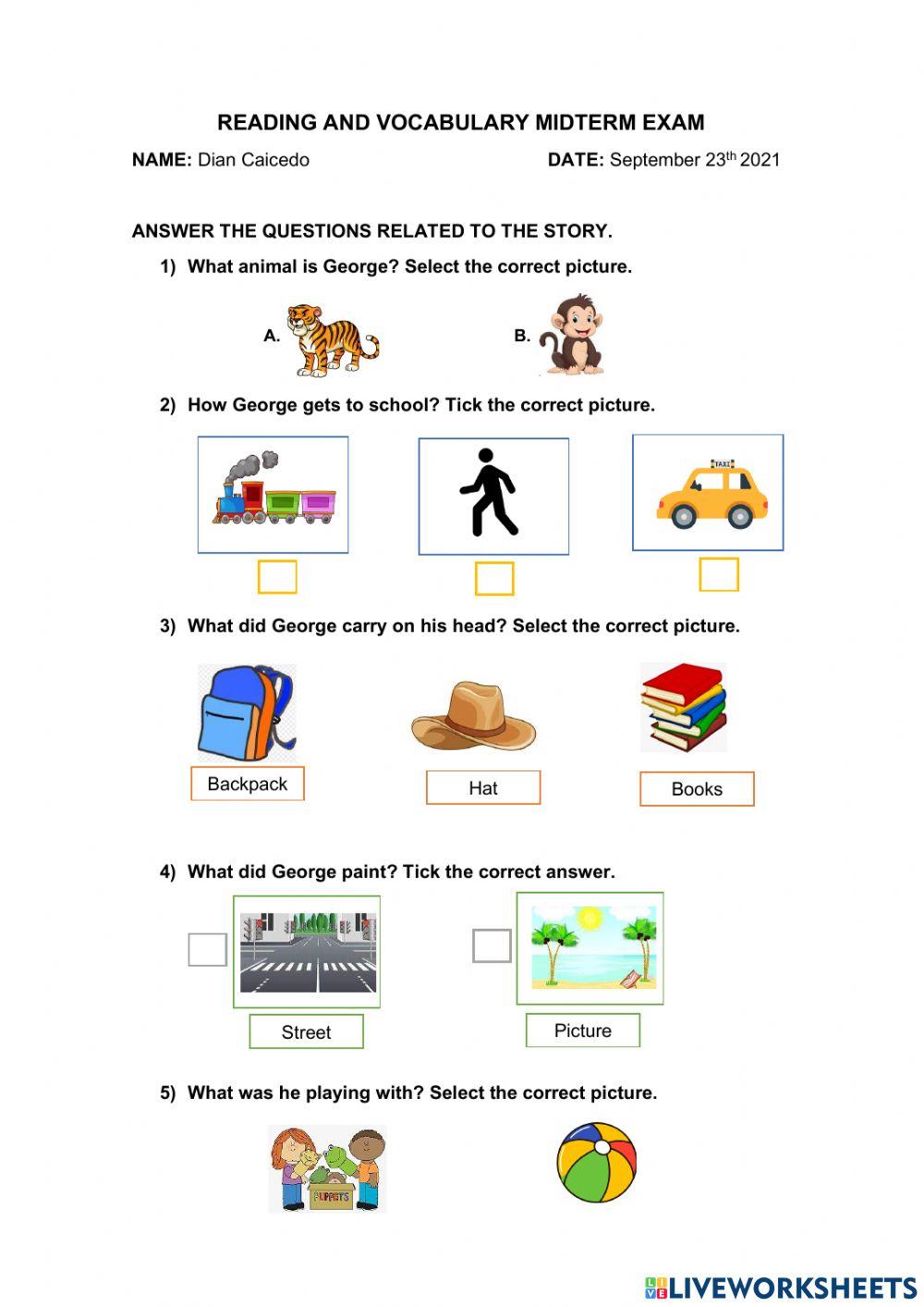 READING AND VOCABULARY MIDTERM EXAM online exercise for | Live Worksheets