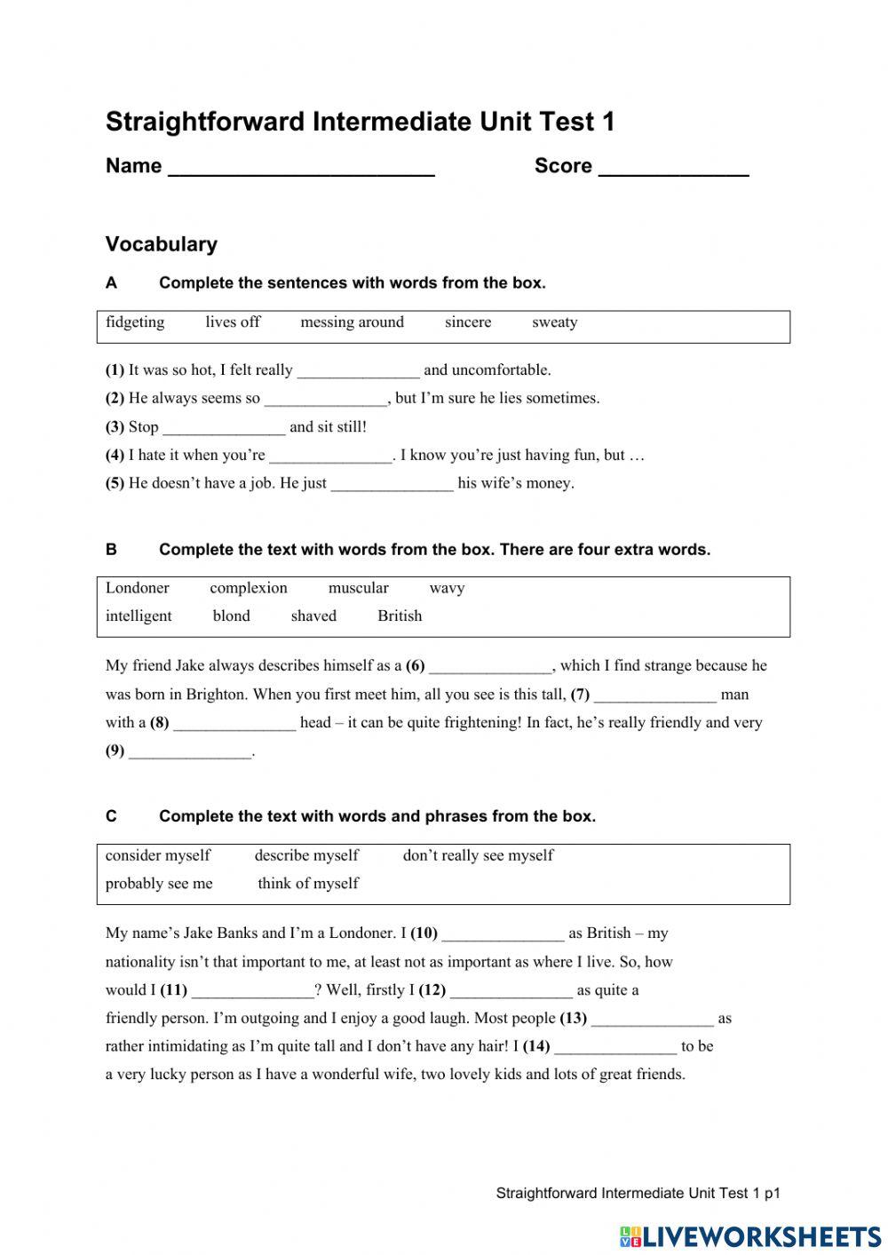 Unit 1 Test Interm. online exercise for | Live Worksheets