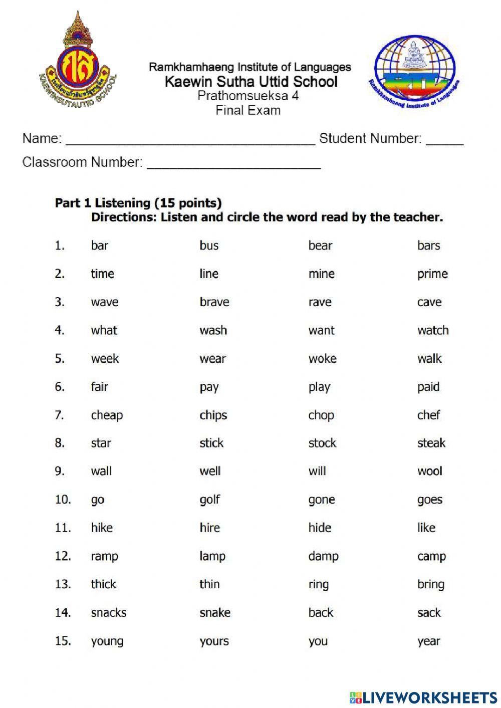 Final Examination P4 worksheet | Live Worksheets