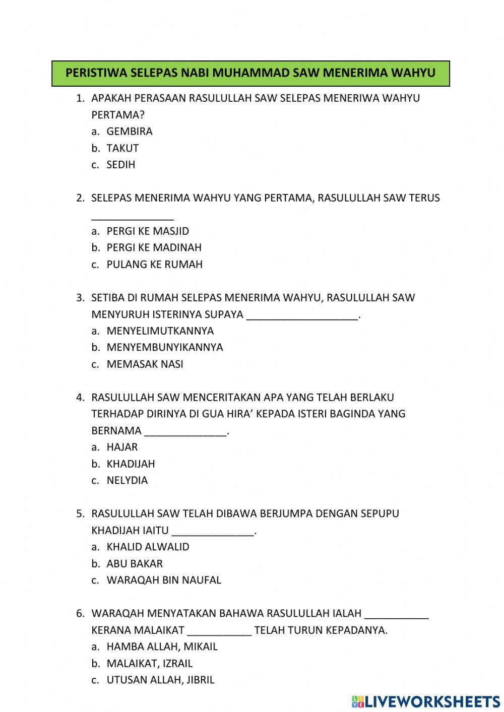 PERISTIWA SELEPAS NABI MUHAMMAD SAW MENERIMA WAHYU online exercise for ...