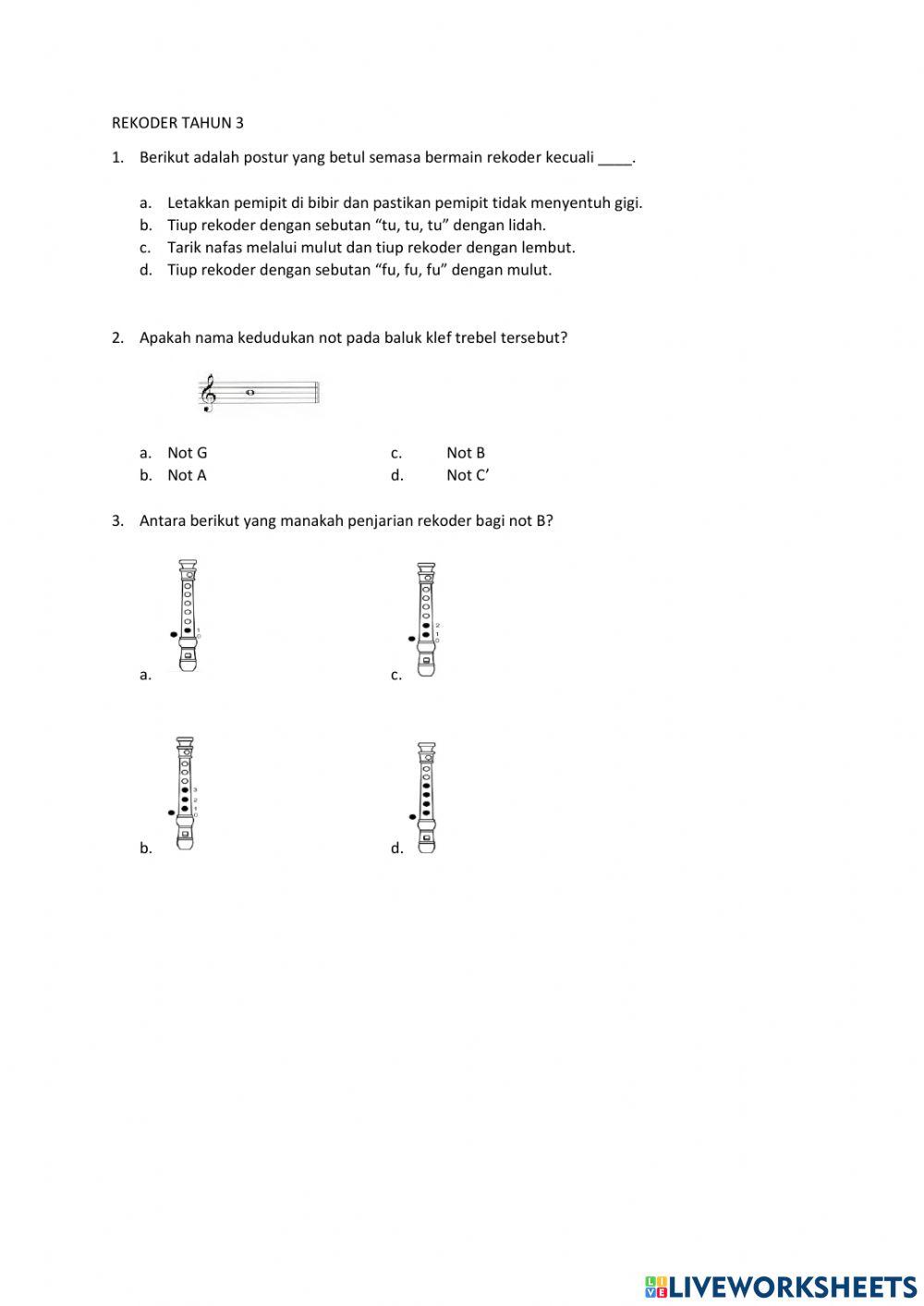 Rekoder Tahun 3 activity | Live Worksheets