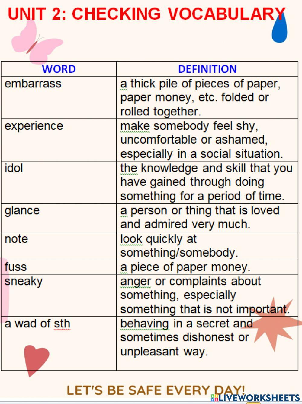 Unit 2: CHECKING VOCABULARY interactive worksheet | Live Worksheets