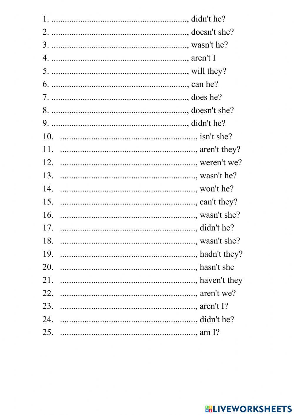 Question tag interactive worksheet for 3 | Live Worksheets
