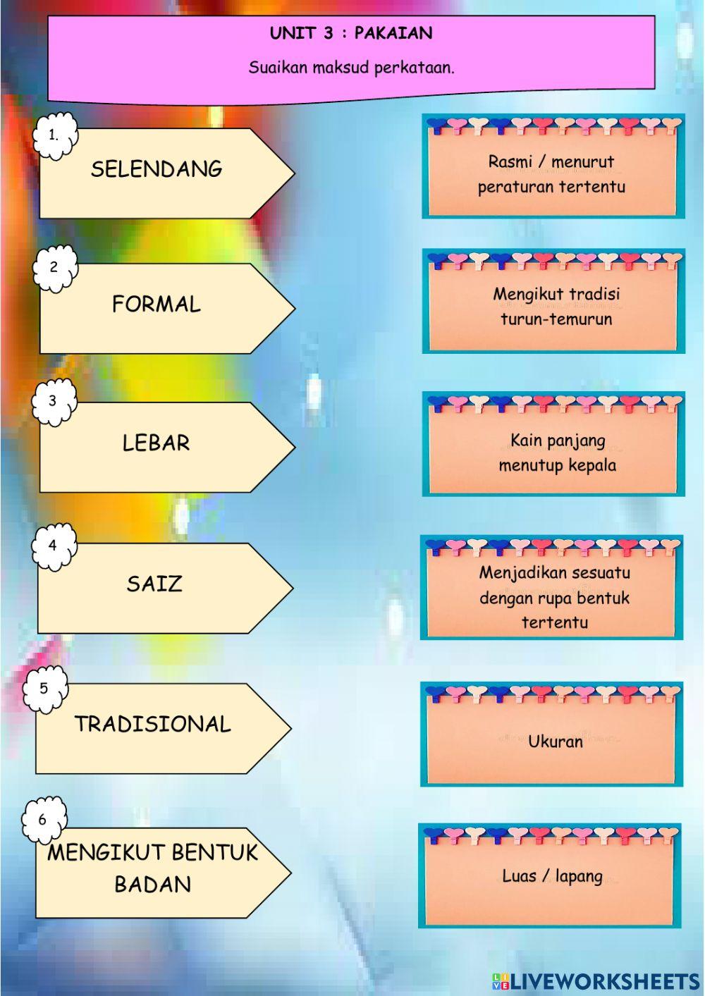 Pakaian worksheet for TINGKATAN 2 | Live Worksheets