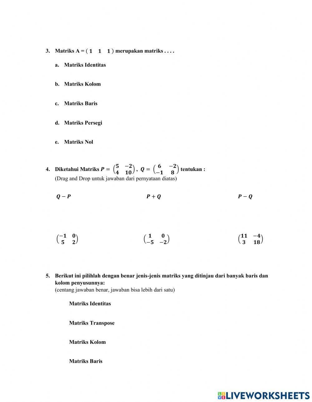 Matriks online worksheet for XI | Live Worksheets