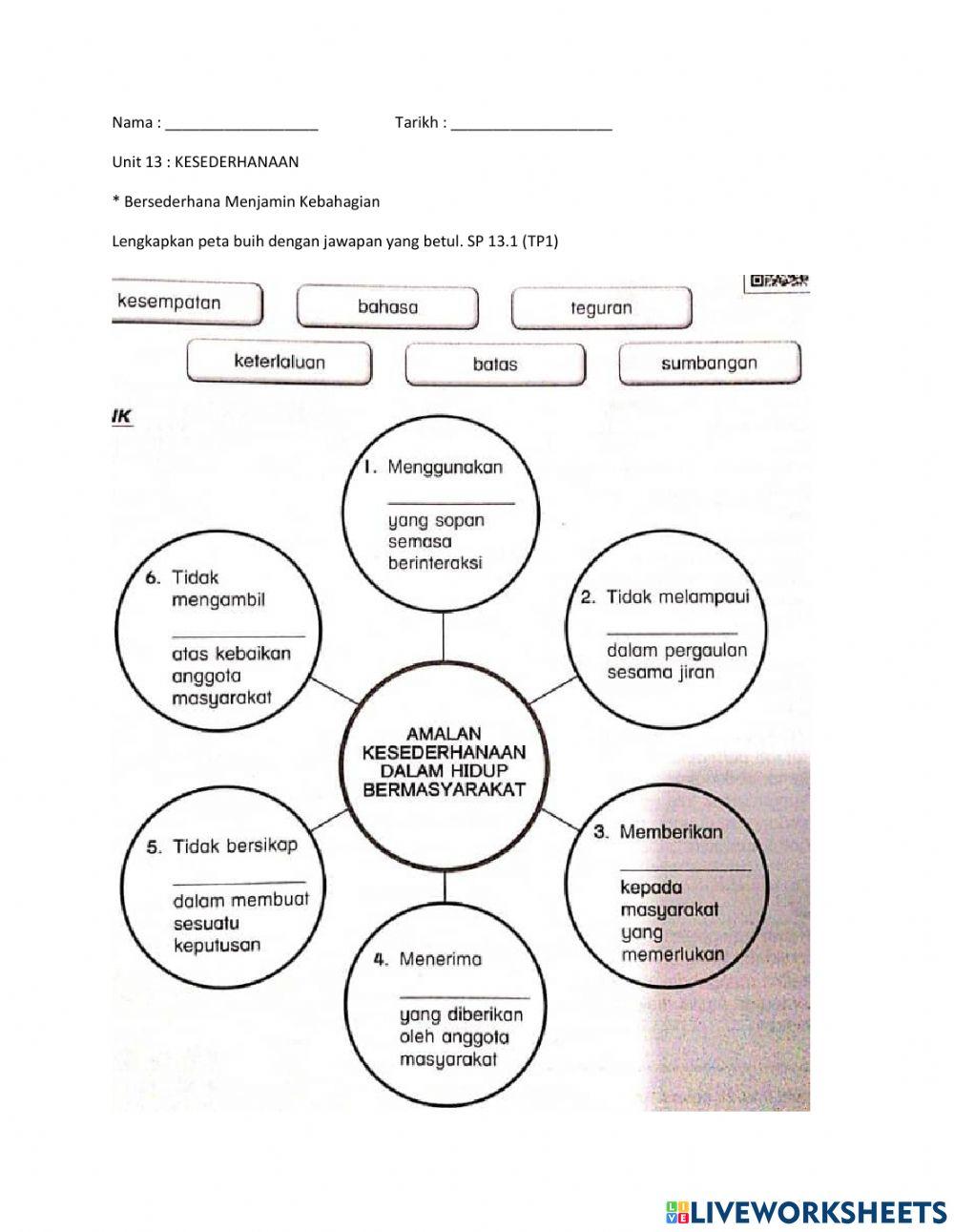 Pendidikan Moral Tahun 5 Kesederhanaan SP13.1 worksheet | Live Worksheets