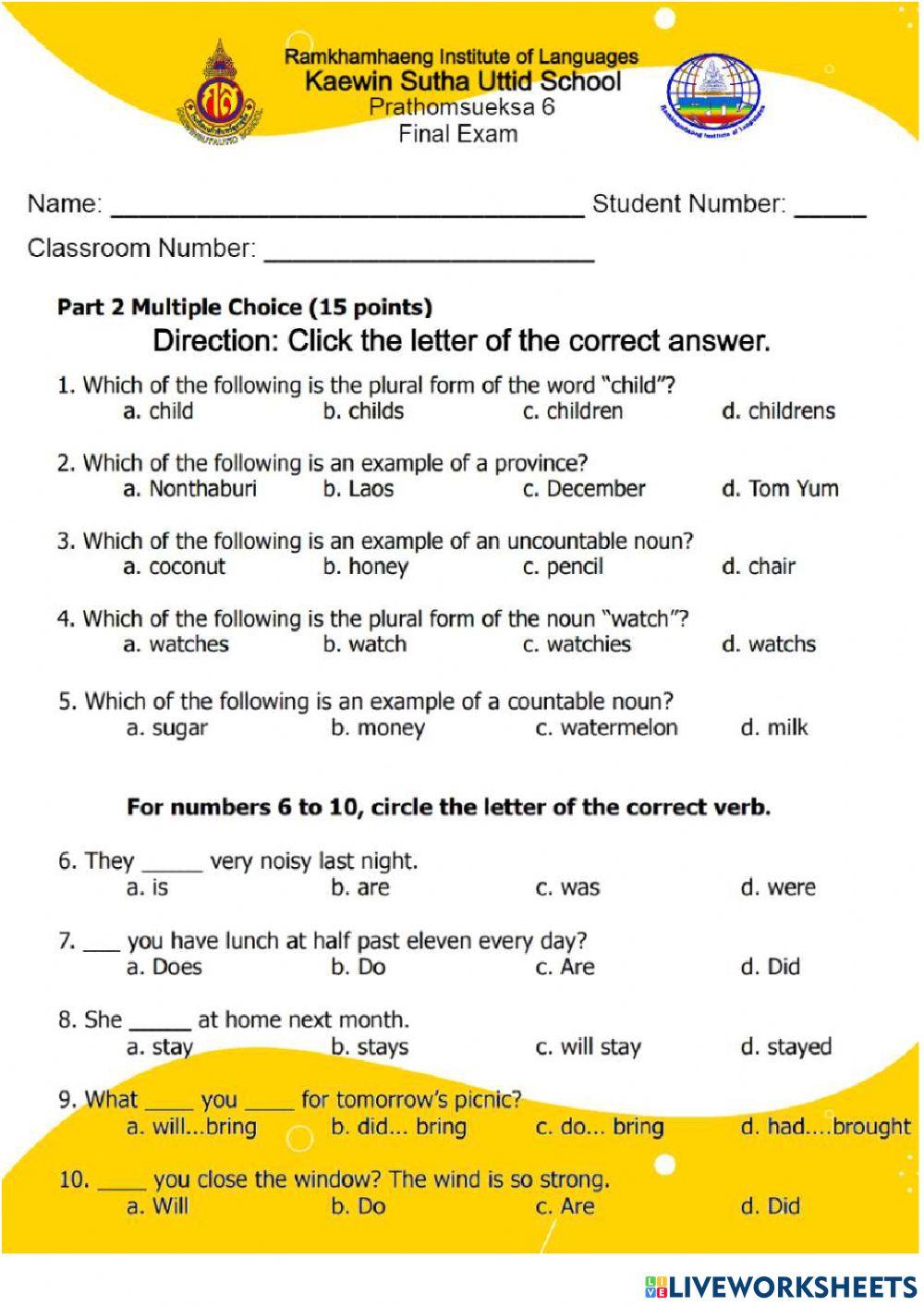 Final Examination P6 worksheet | Live Worksheets