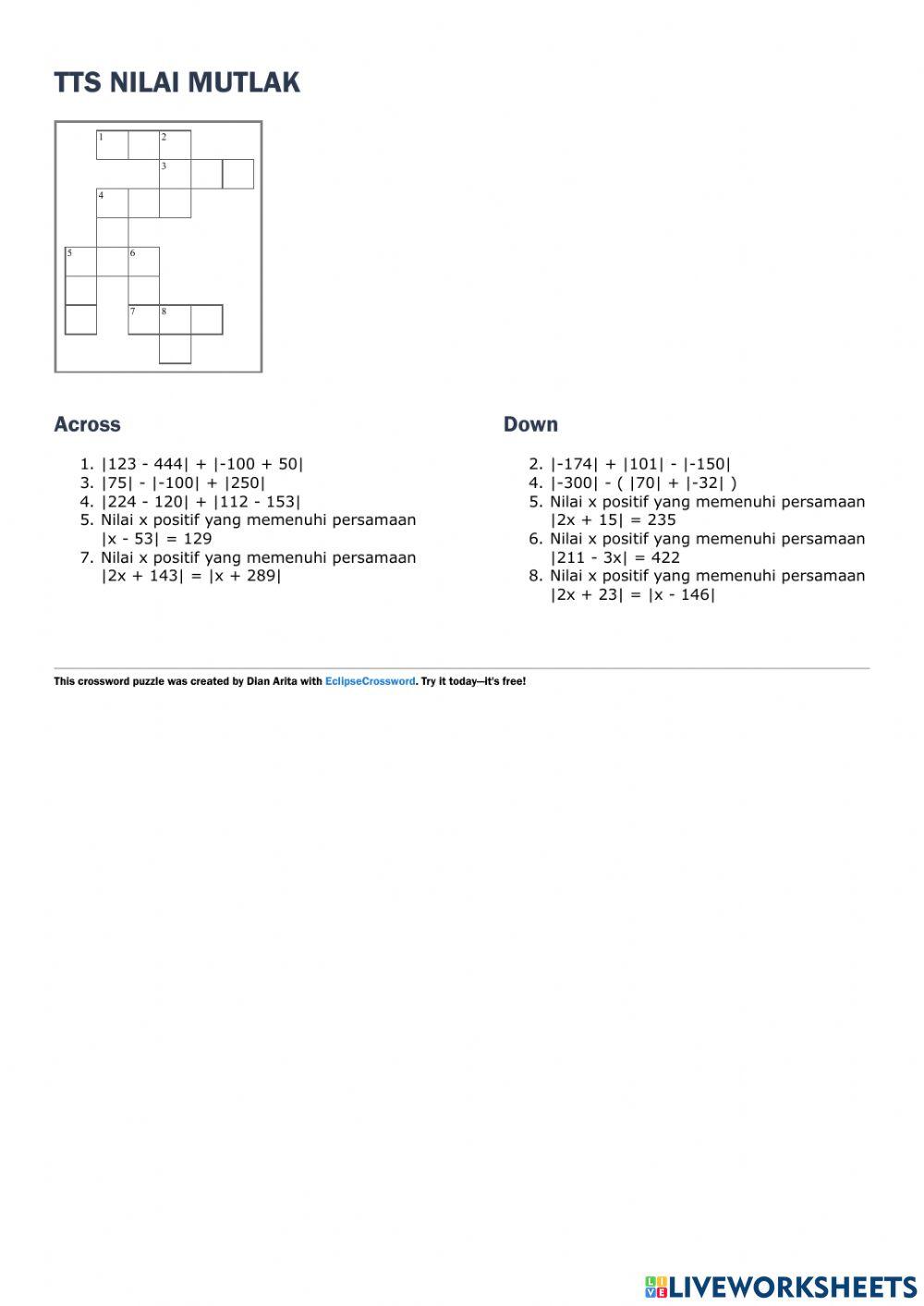 1434938 | Nilai Mutlak | Dian Aritasari | LiveWorksheets
