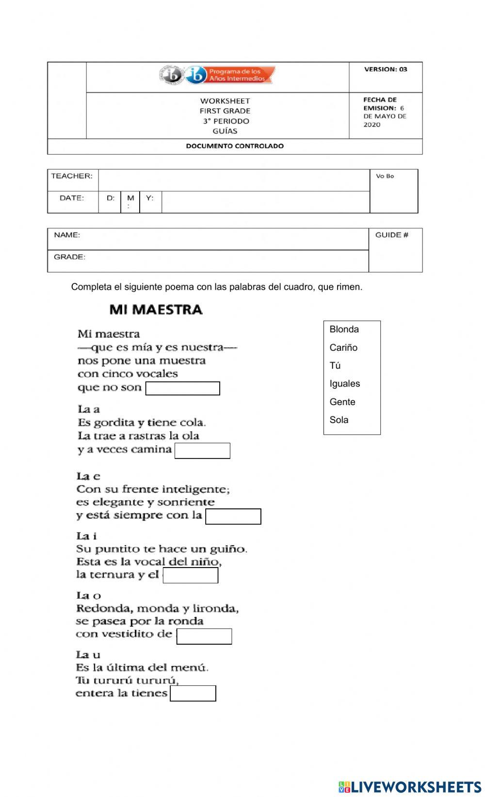 COMPLETAR RIMAS worksheet | Live Worksheets