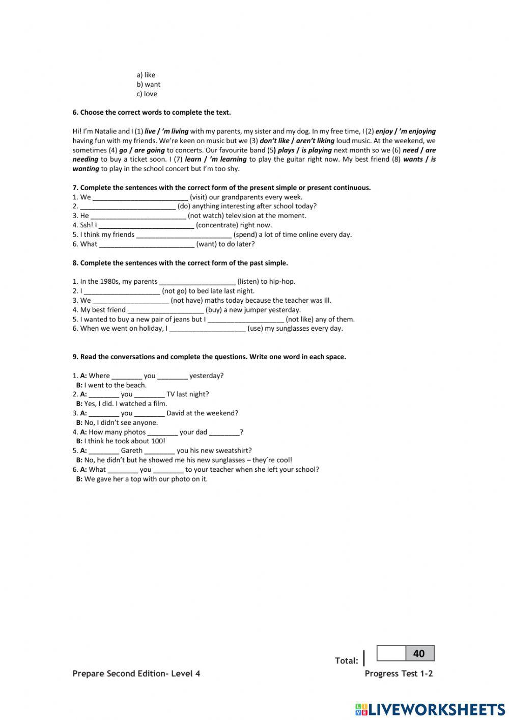 Progress Test English language worksheet | Live Worksheets