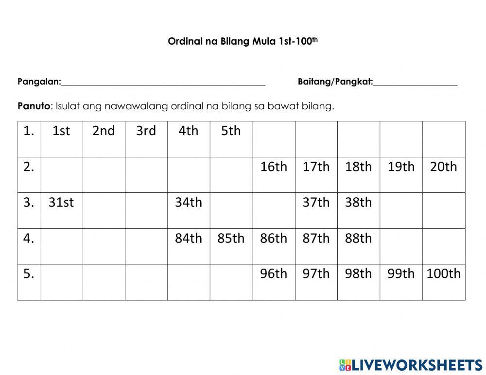Ordinal na Bila… | Free Interactive Worksheets | 3946609