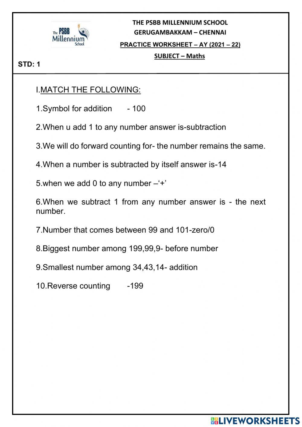 Math online exercise for 1 | Live Worksheets