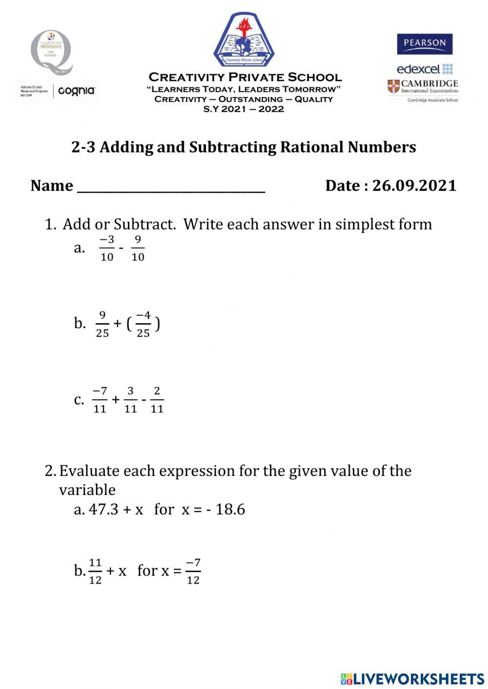 2-3 Adding And Subtracting Rational Numbers Online Exercise For | Live