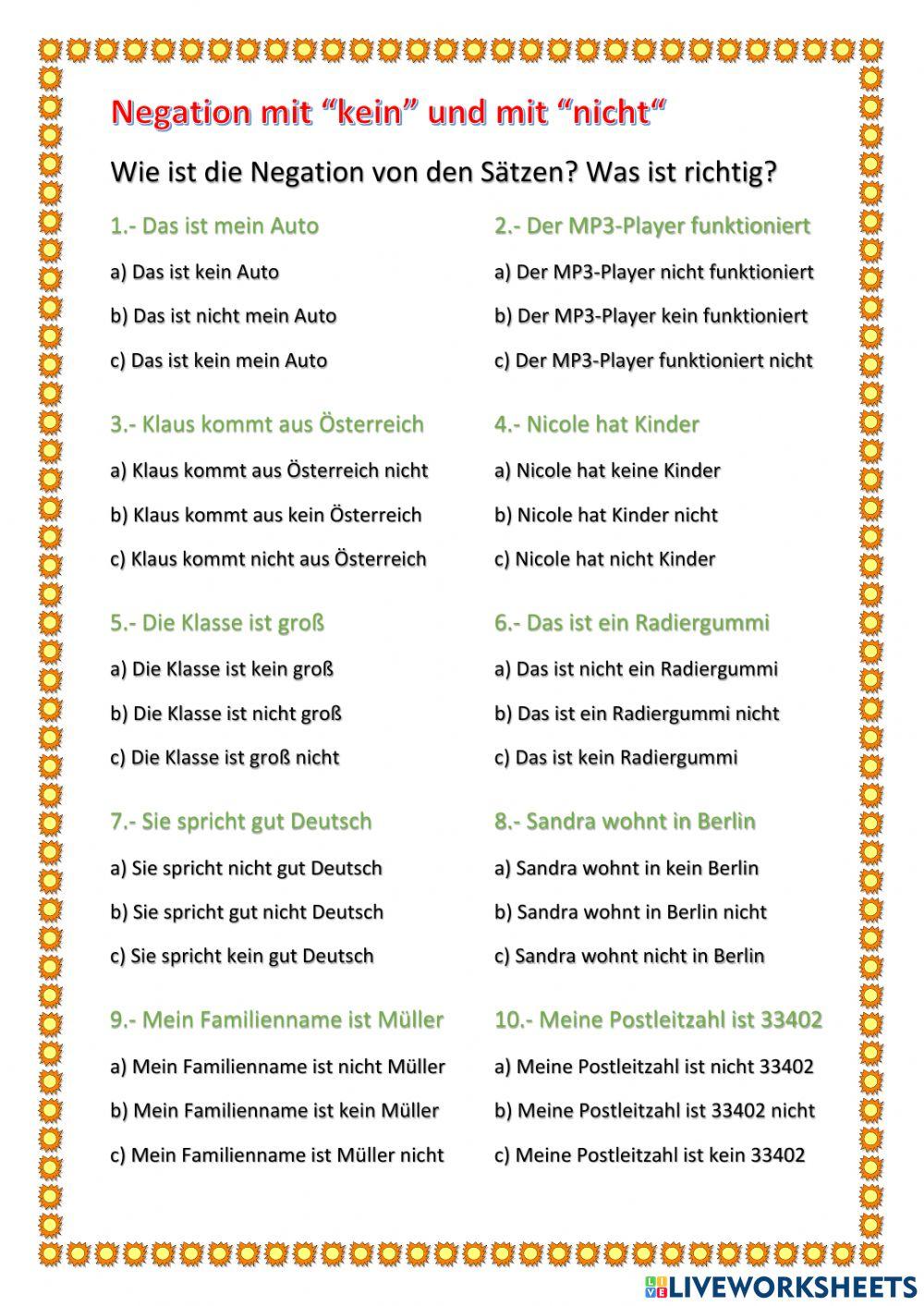 Nicht oder kein | Free Interactive Worksheets | 1435439