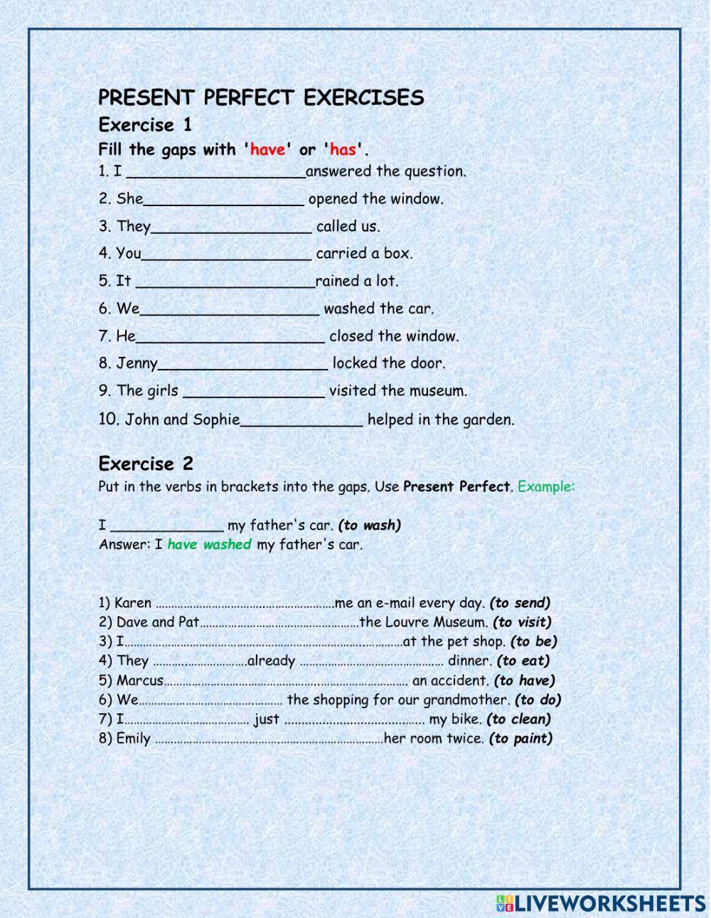Exercises Present Perfect worksheet | Live Worksheets