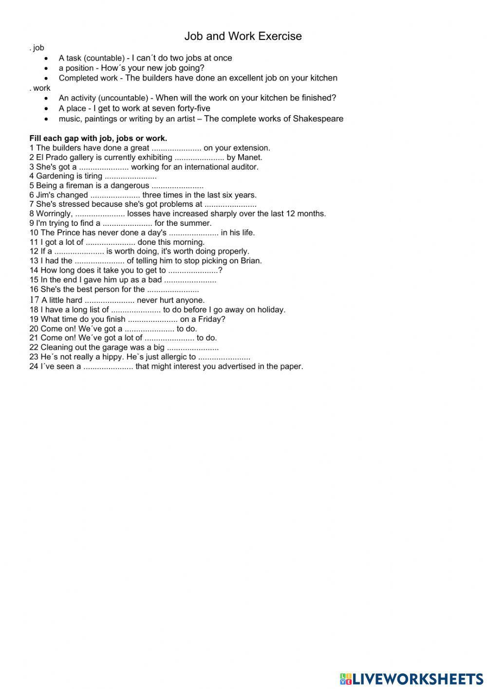 Job or work | Free Interactive Worksheets | 1436653