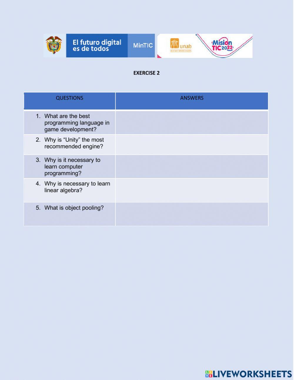 Game development worksheet | Live Worksheets