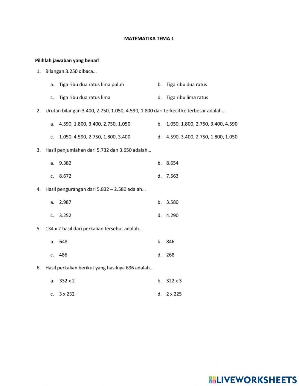 Matematika Tema 1 interactive worksheet | Live Worksheets