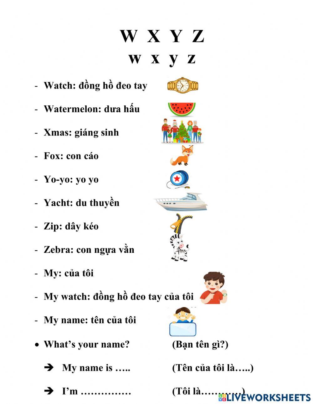 W x y z worksheet | Live Worksheets