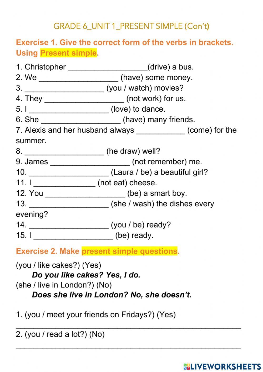 GRADE 6-PRESENT SIMPLE (QUESTION) online exercise for | Live Worksheets