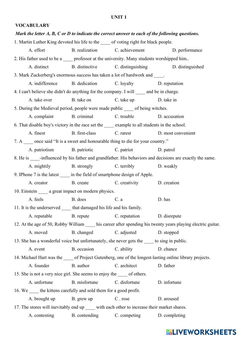 G12-unit 1- vocabulary worksheet | Live Worksheets