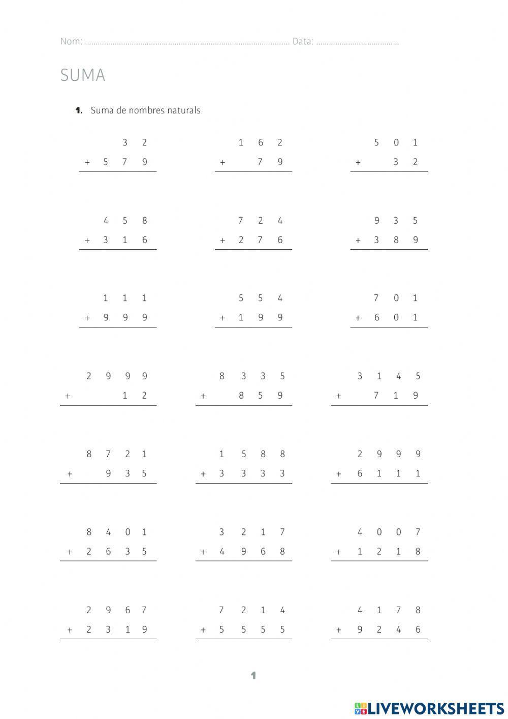 Sumes portant 5è-1 worksheet | Live Worksheets