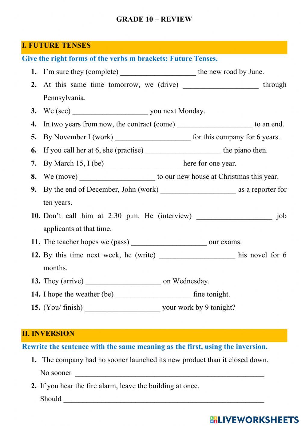 Grade 10 - Review for Unit 1 worksheet | Live Worksheets
