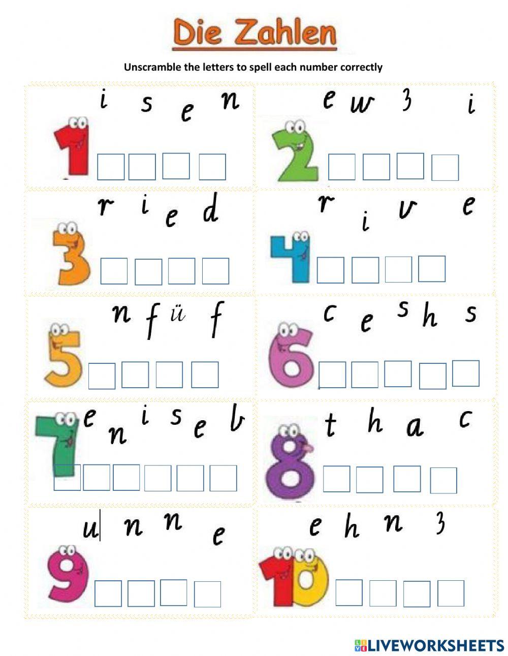 german numbers worksheet