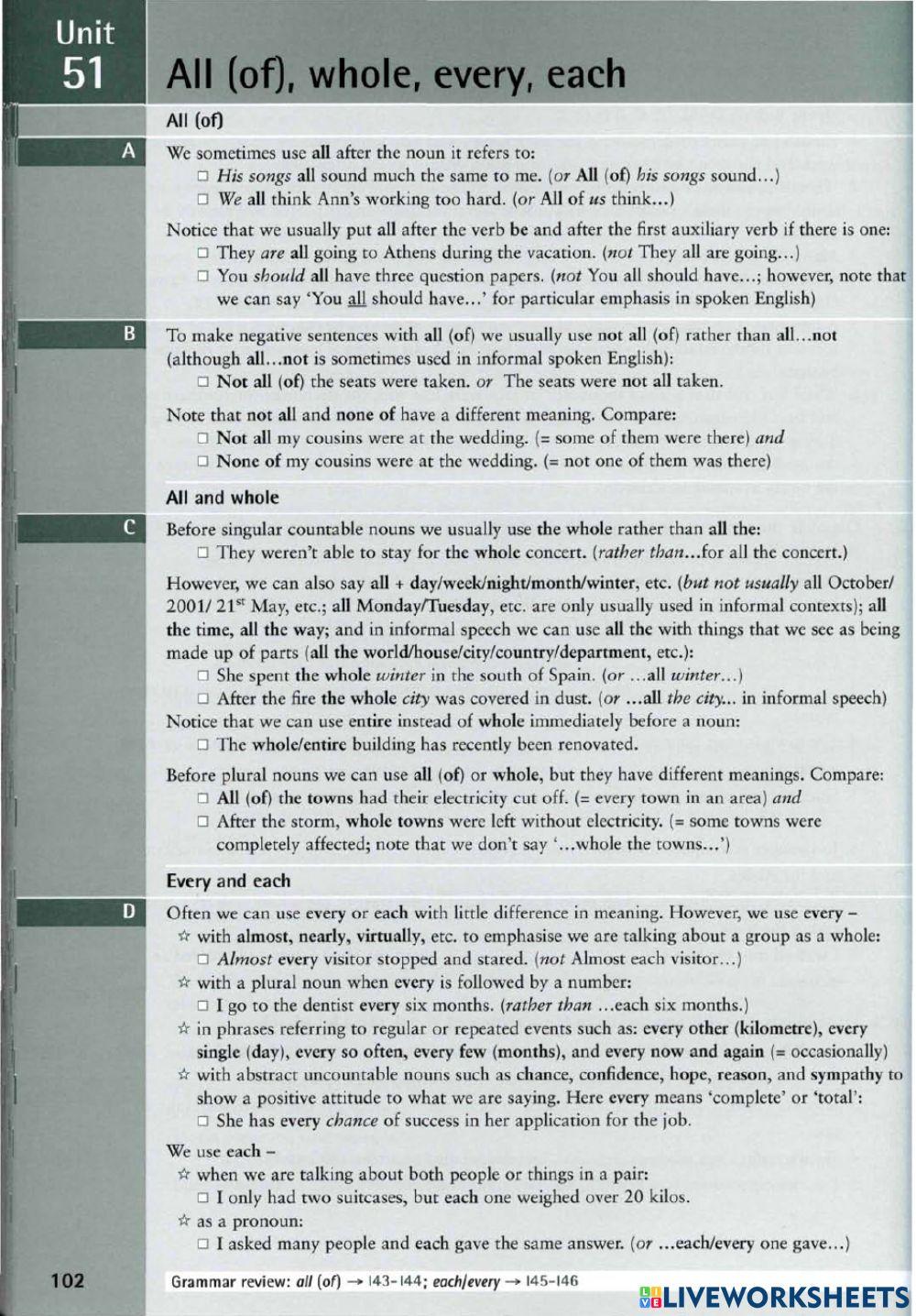 Unit 51: All, Whole, Every, Each online exercise for | Live Worksheets