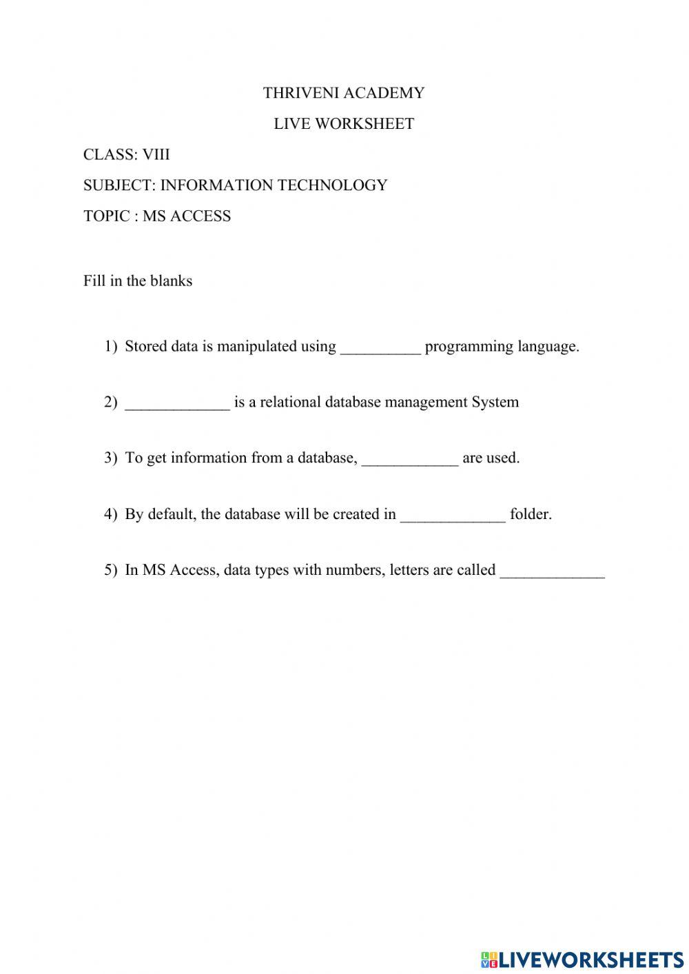 MS Access activity | Live Worksheets