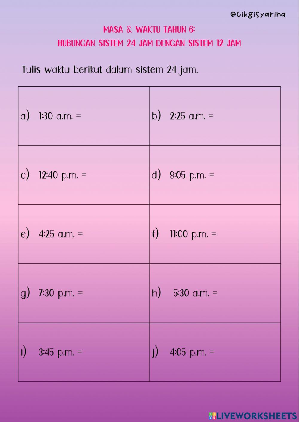 Masa & Waktu Tahun 6 worksheet | Live Worksheets