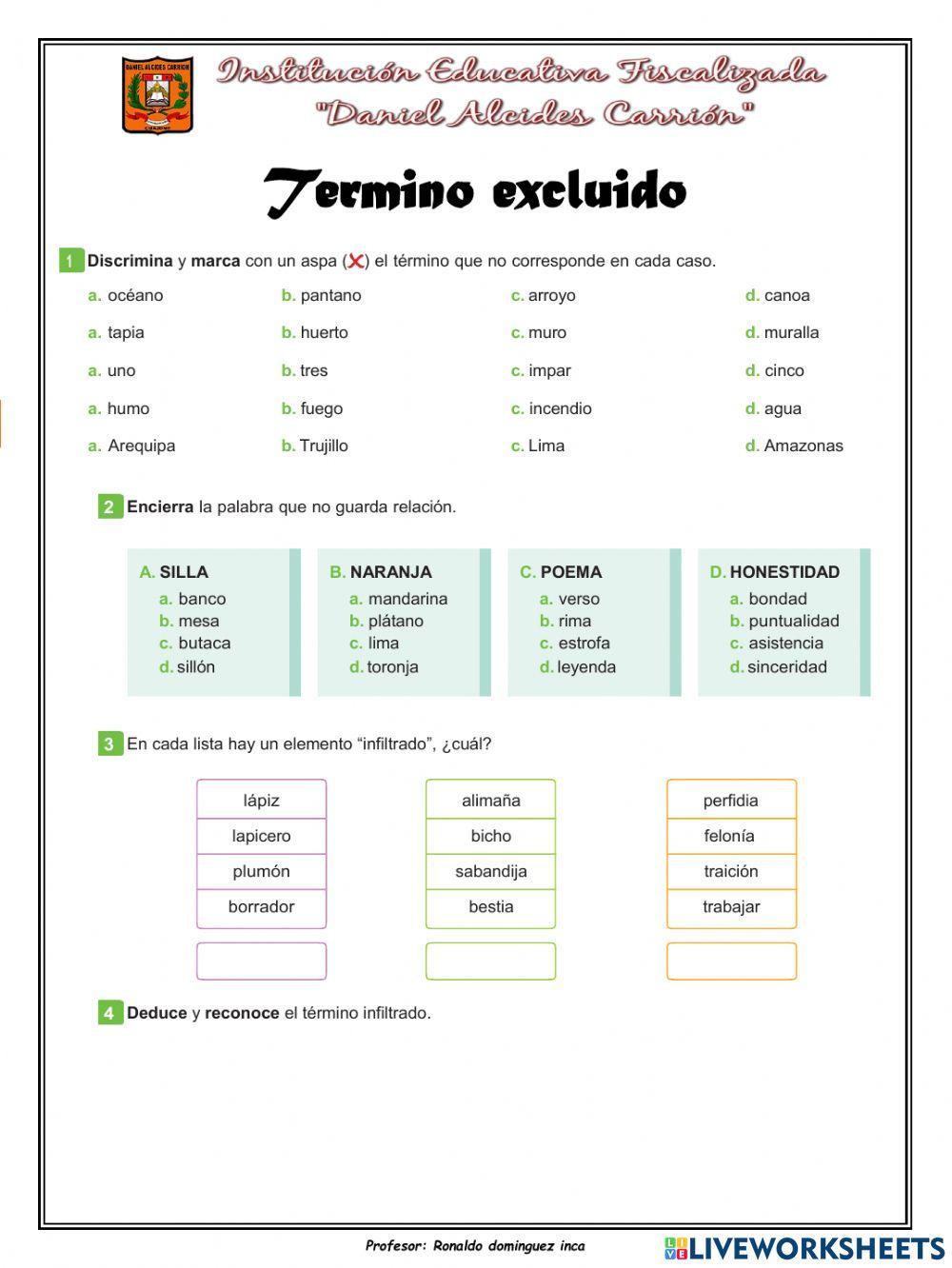 Termino excluido activity for 4t | Live Worksheets