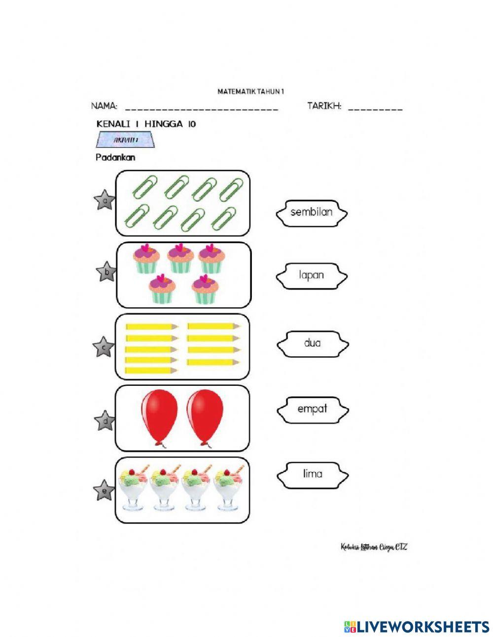 Latihan Matematik Tahun 1 (1-10) online exercise for | Live Worksheets