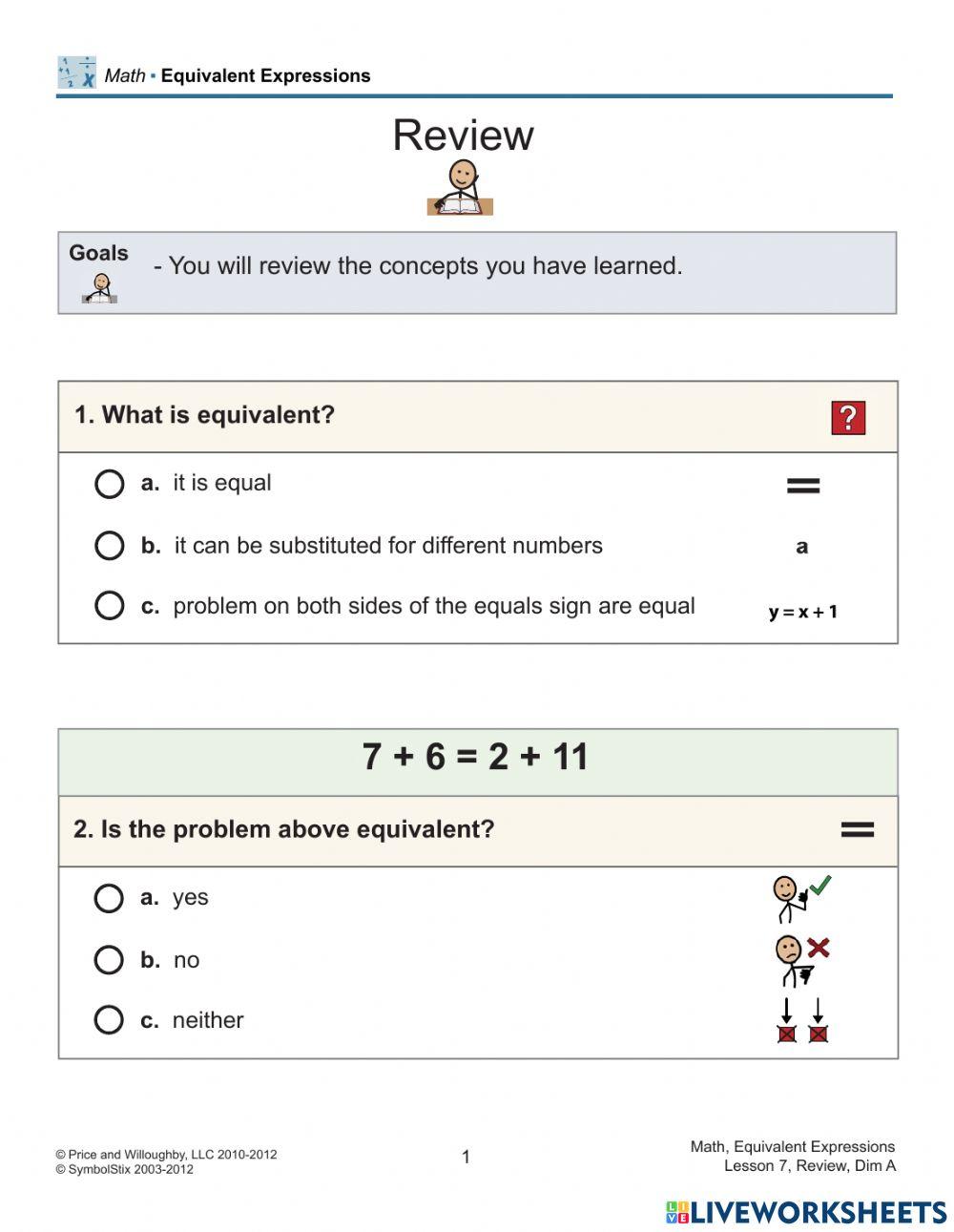 SES equivalent Expressions lesson 7 worksheet | Live Worksheets