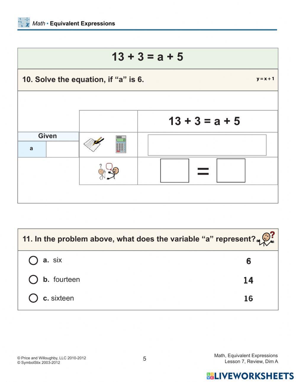 SES equivalent Expressions lesson 7 worksheet | Live Worksheets