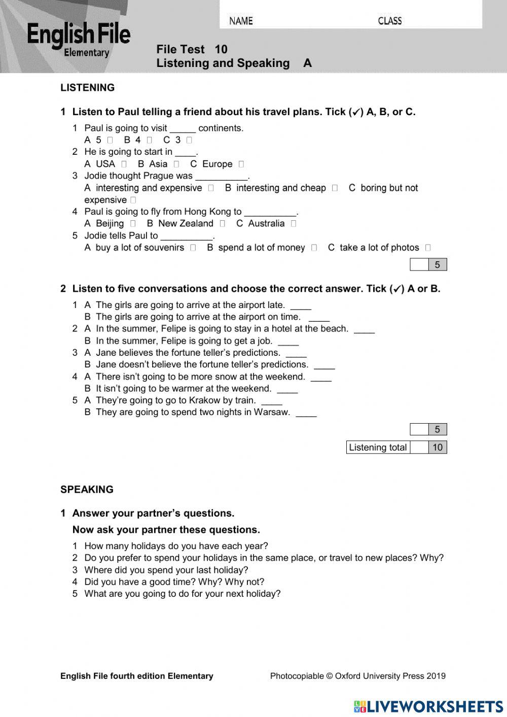 ELEMENTARY FILE TEST 10A 4e online exercise for | Live Worksheets