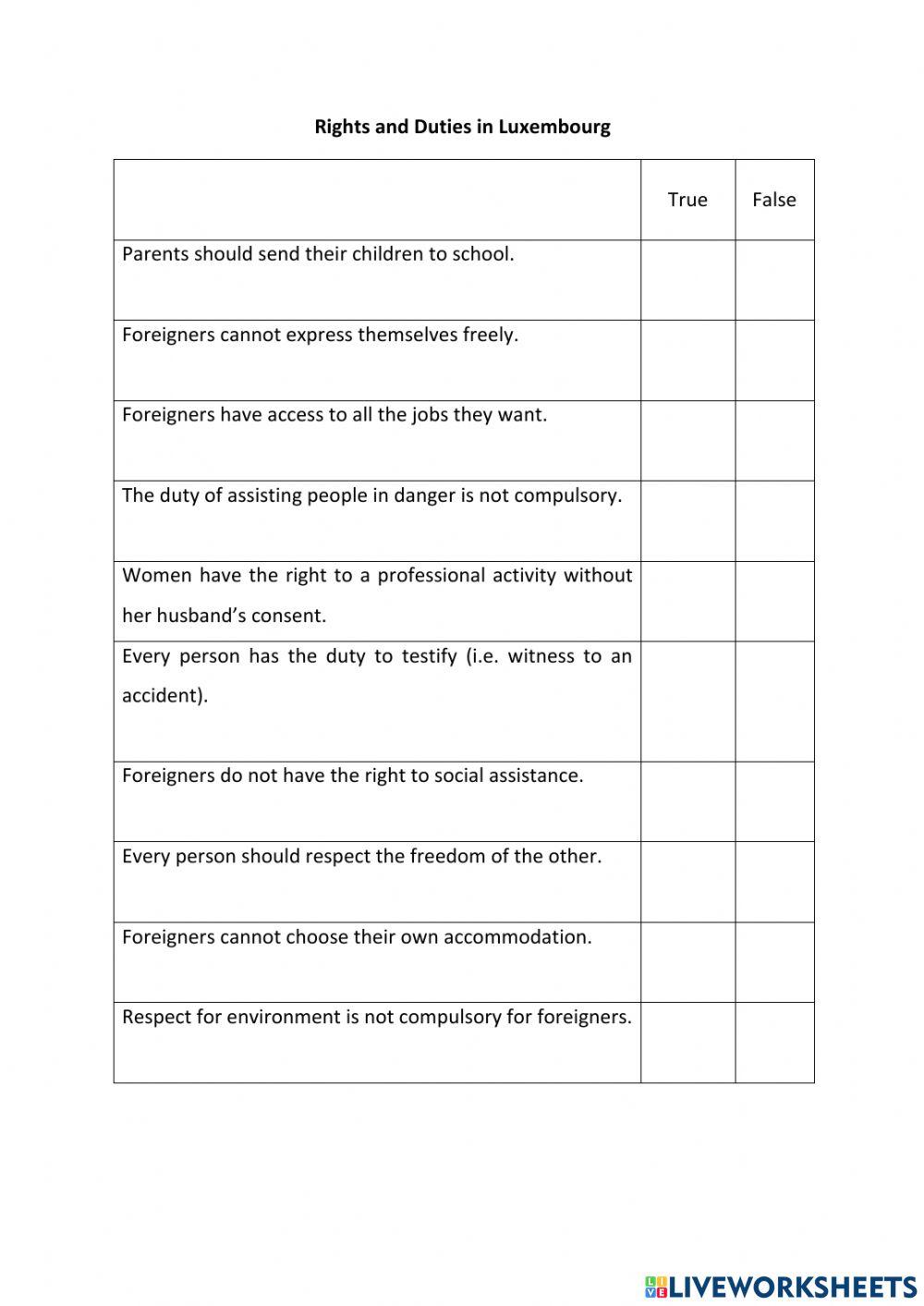 RIGHTS AND DUTIES online exercise for | Live Worksheets