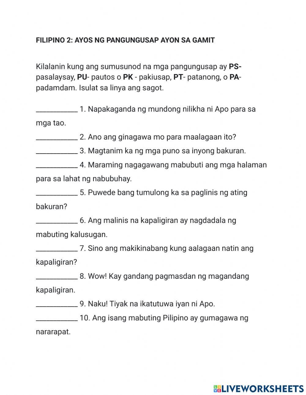 AYOS NG PANGUNGUSAP online exercise for | Live Worksheets