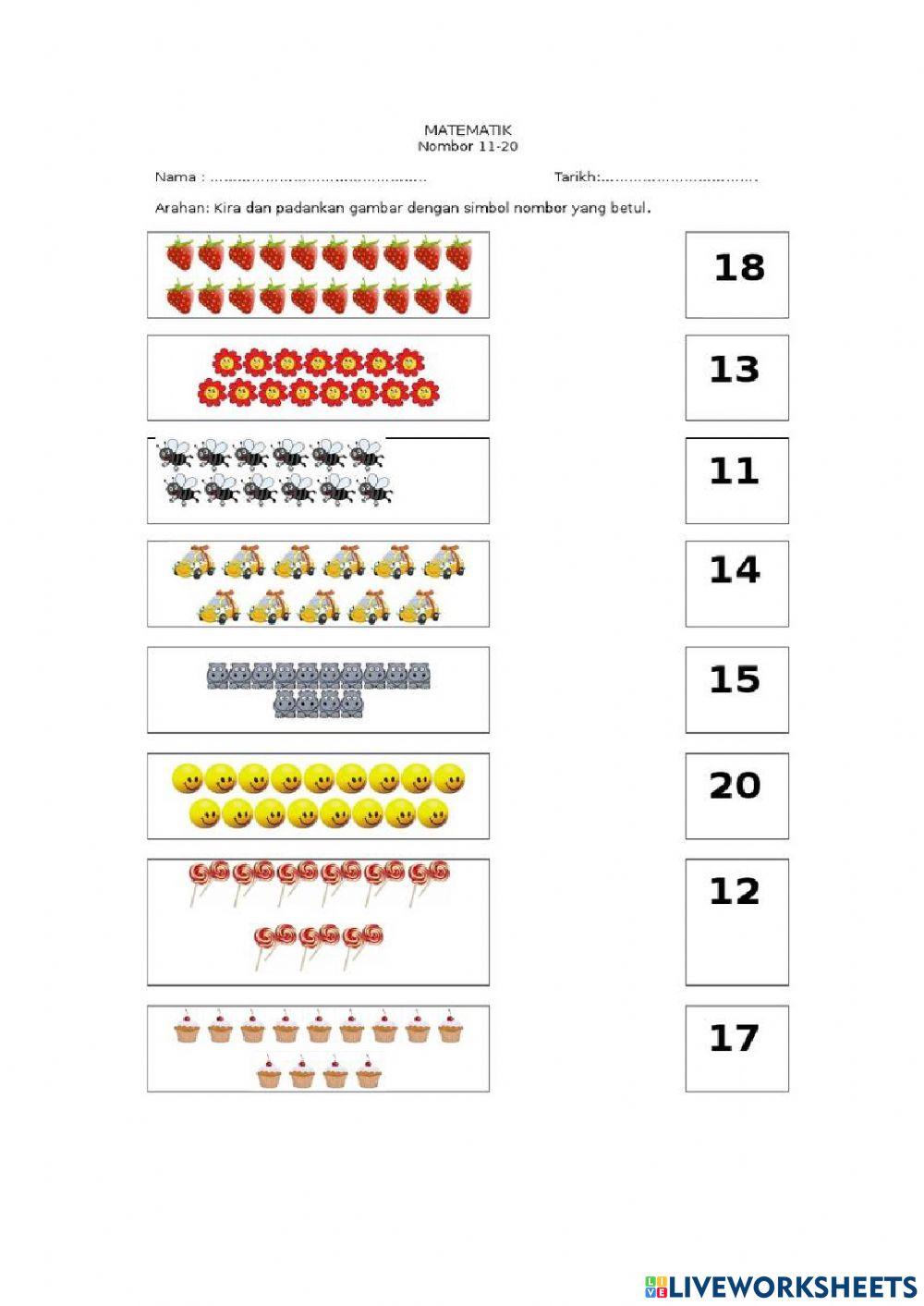 Nombor 1-20 online worksheet for Tahun 2 | Live Worksheets