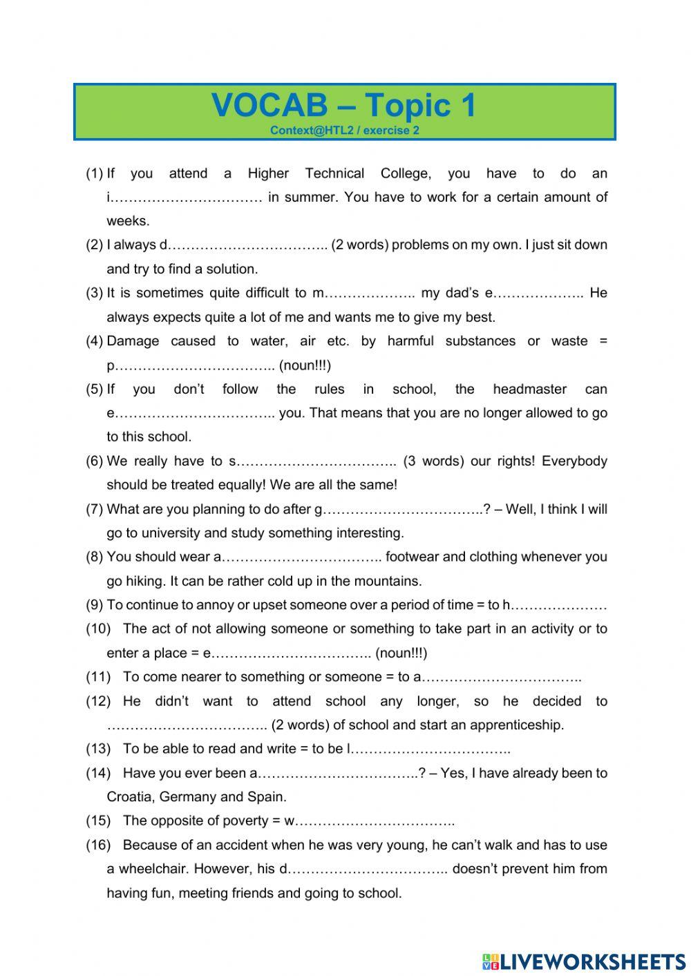Vocabulary Topic 1 - ex.2 worksheet | Live Worksheets