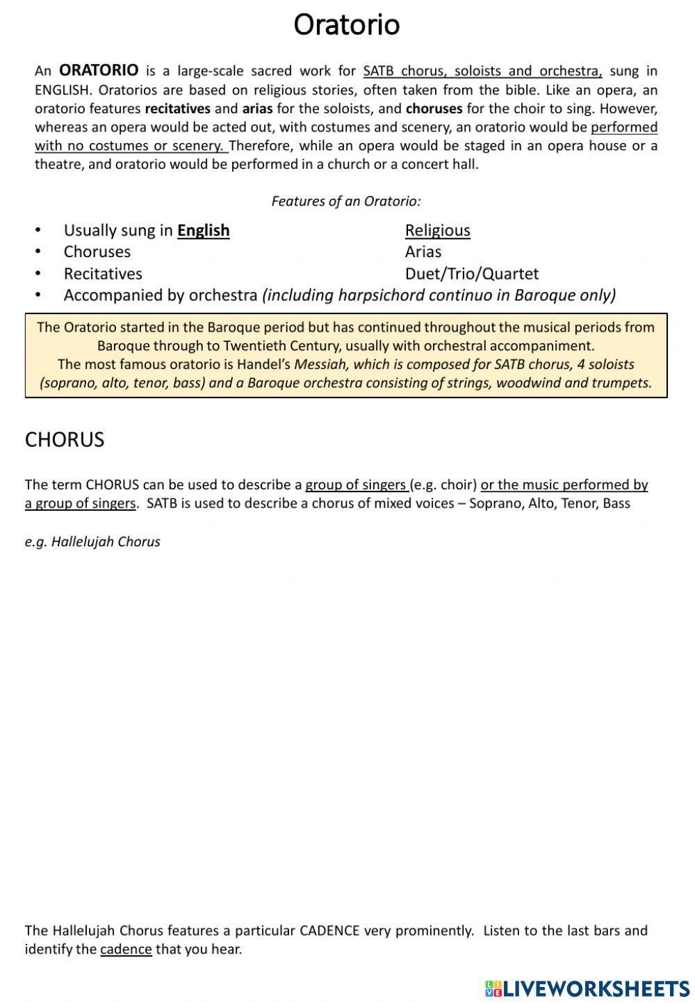 Oratorio worksheet | Live Worksheets