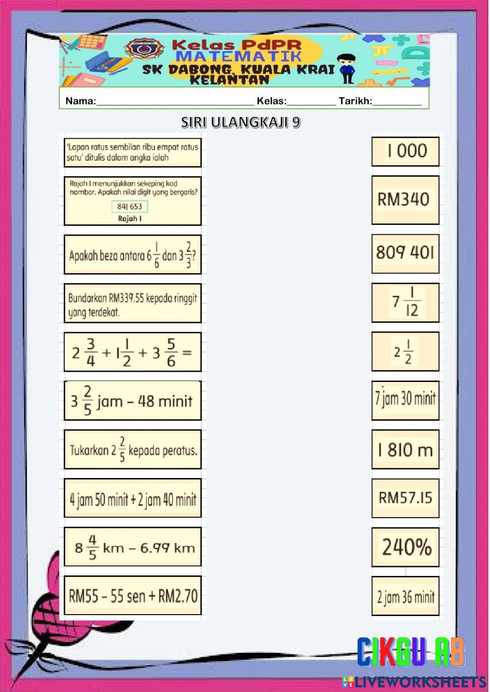Matematik online exercise for SEK RENDAH | Live Worksheets