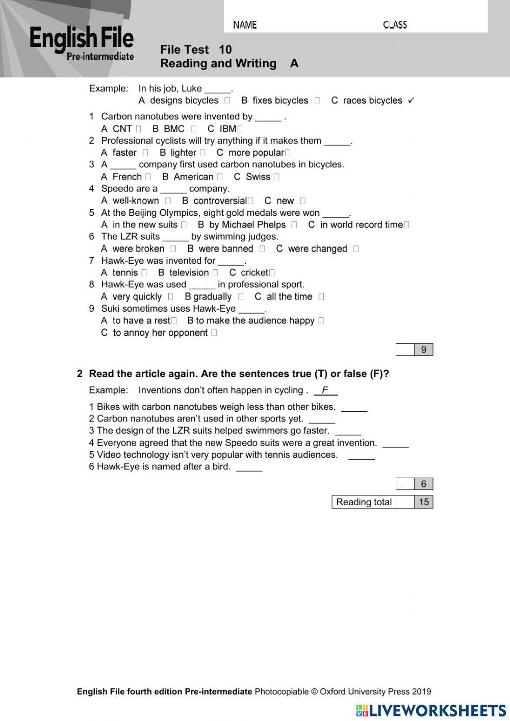 PRE-INTERMEDIATE FILE TEST 10A 4e online exercise for | Live Worksheets